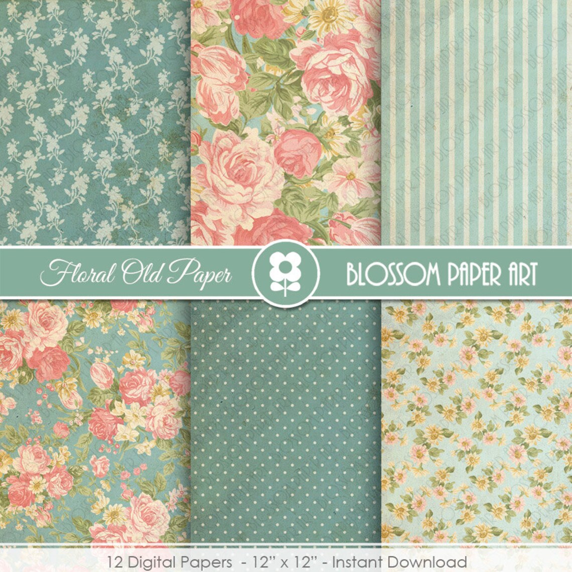 Teal Floral Digital Paper Floral Digital Paper Pack Vintage - Etsy
