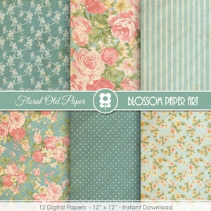Teal Floral Digital Paper, Floral Digital Paper Pack, Vintage Scrapbook ...