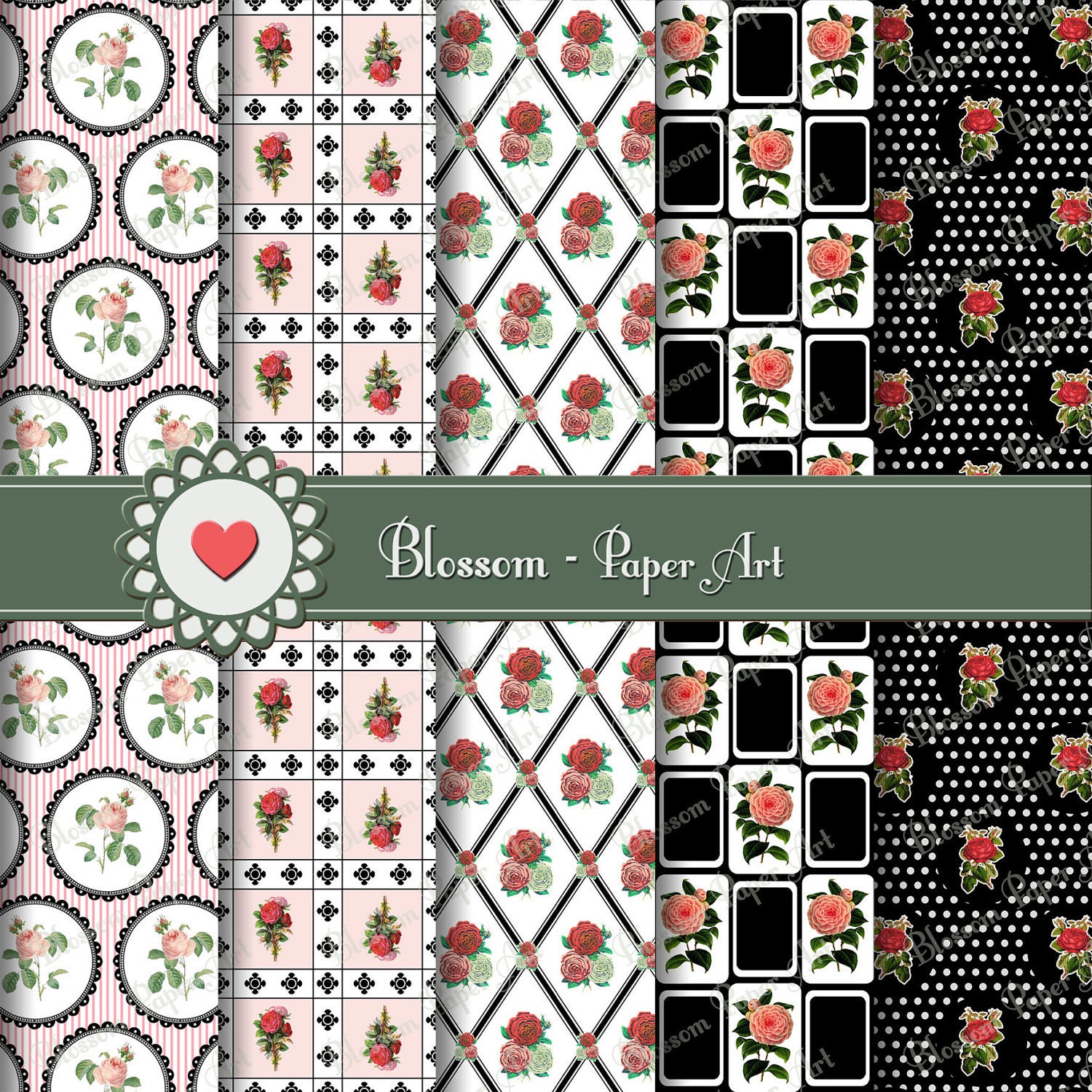 Black and White Digital Paper Red Roses Digital Paper Pack | Etsy