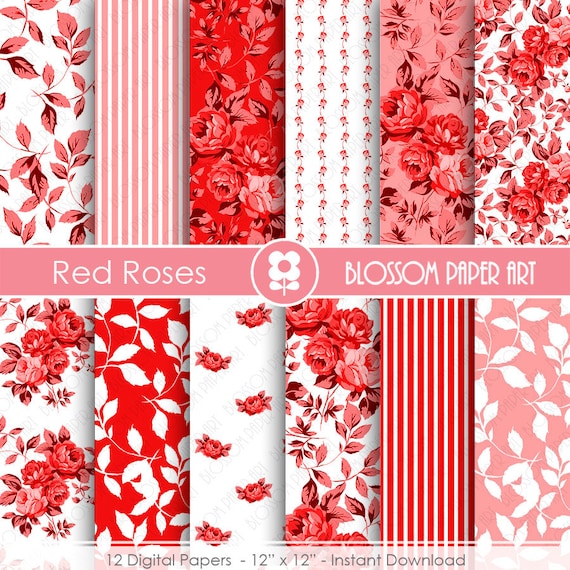 Red Digital Paper Red Floral Paper Pack Red Scrapbook Paper - Etsy