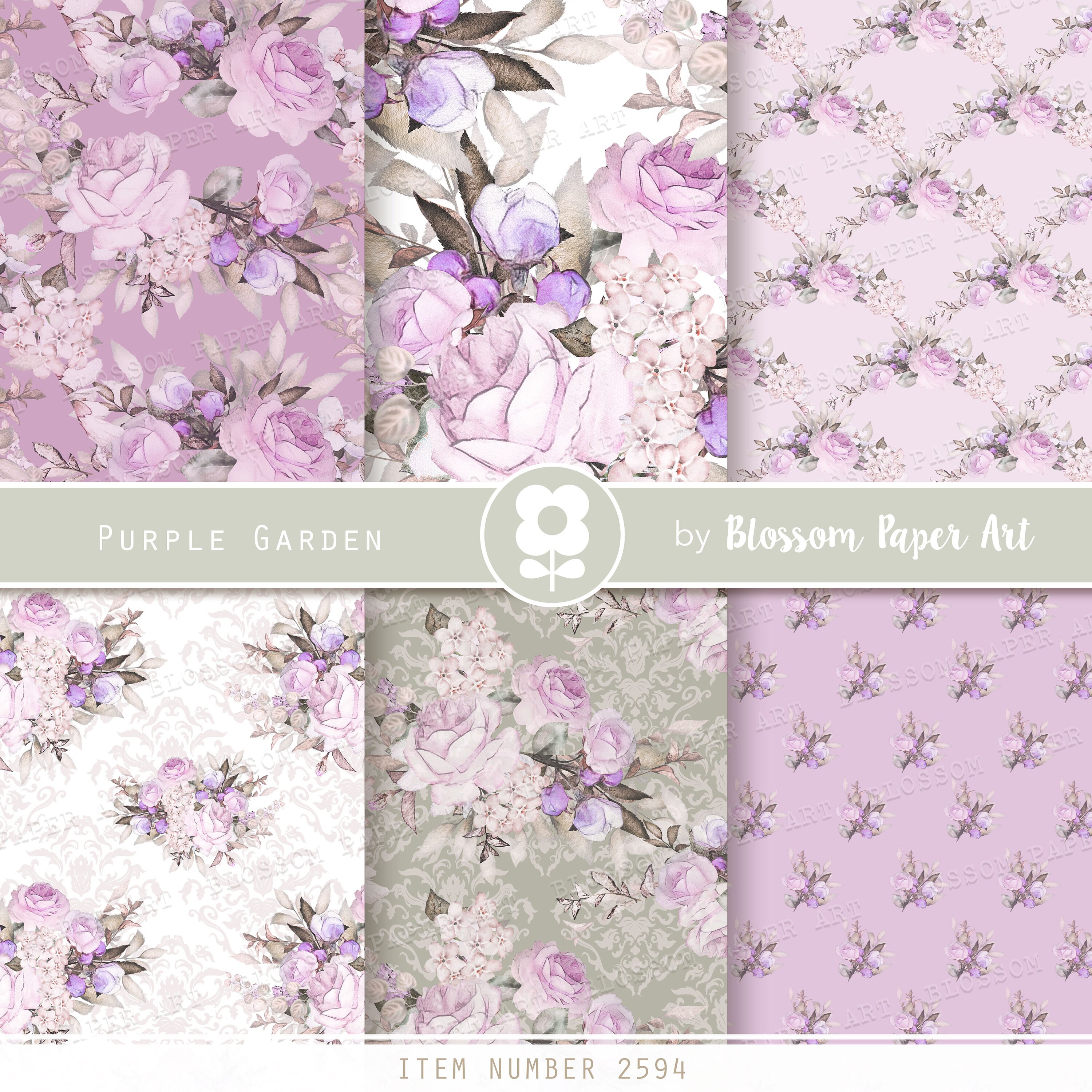 Purple Digital Papers Floral Digital Paper Pack Rose Digital | Etsy