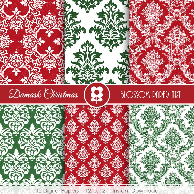 Christmas Damask Digital Paper Christmas Red Green Damask - Etsy