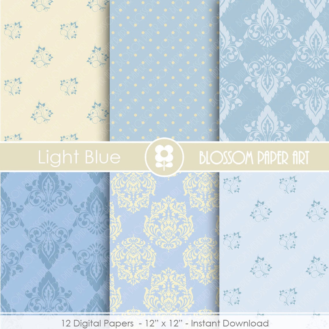 Light Blue Digital Paper Damask Paper Pack Wedding Digital - Etsy