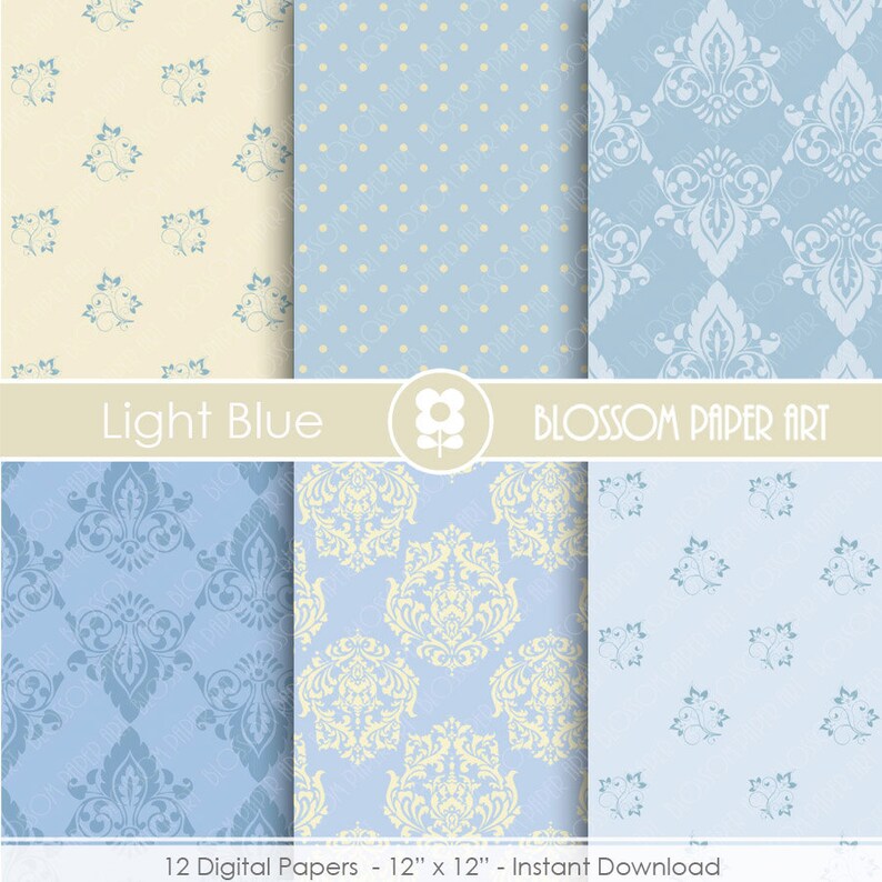 Light Blue Digital Paper Damask Paper Pack Wedding Digital - Etsy