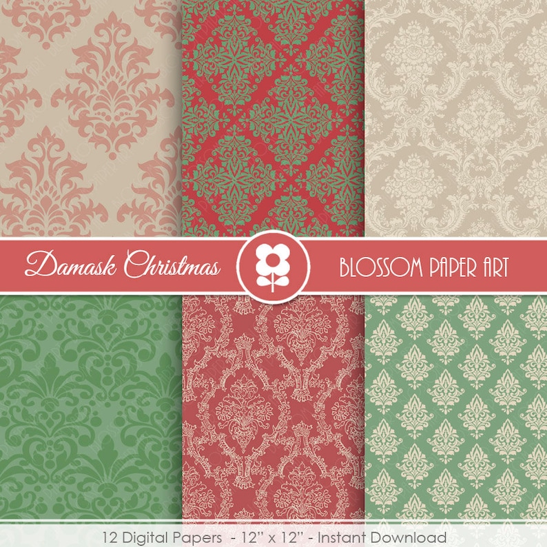 Christmas Damask Digital Paper Pack: Red & Green Scrapbooking (instant ...