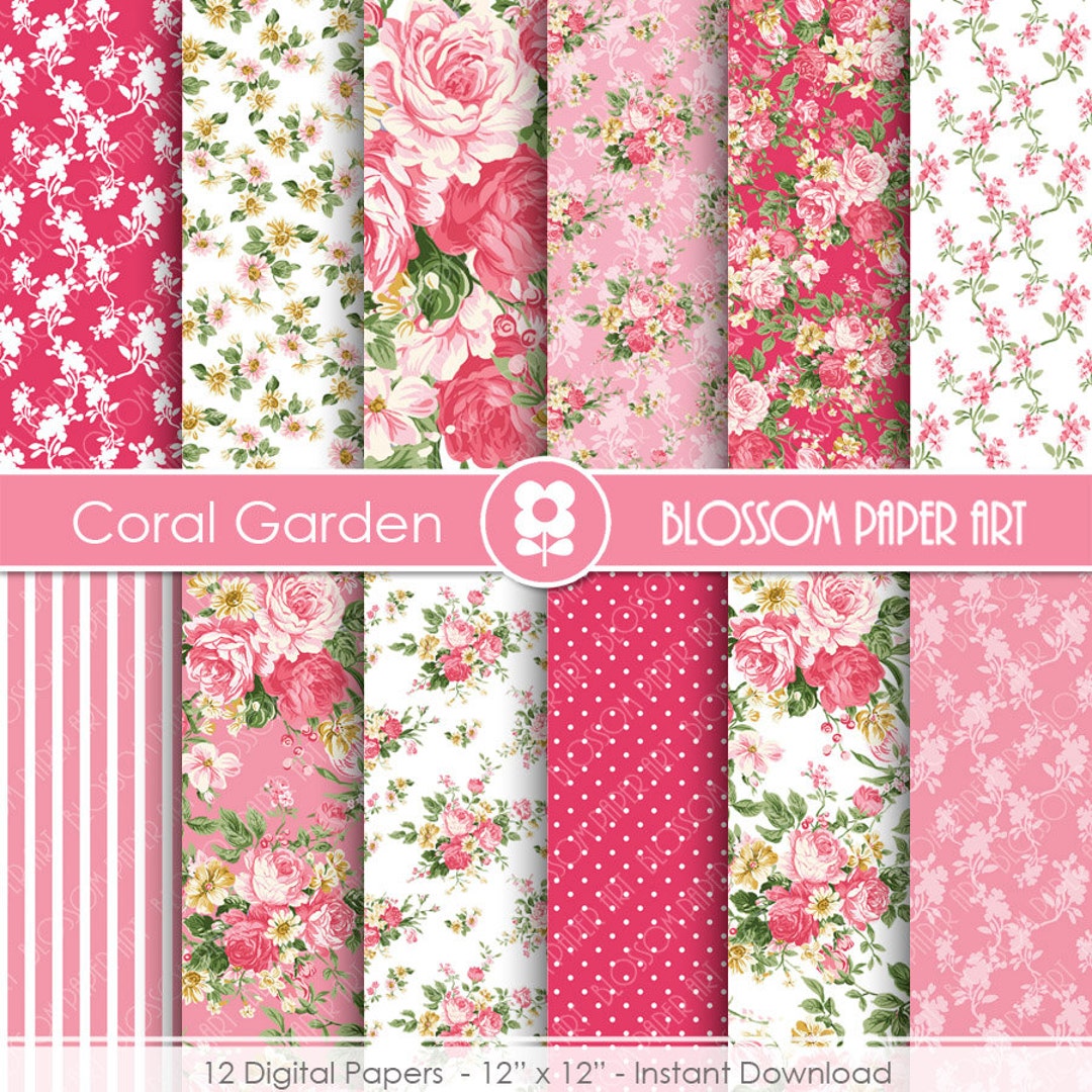 Floral Digital Paper, Floral Digital Paper Pack, Pink Roses, Coral ...