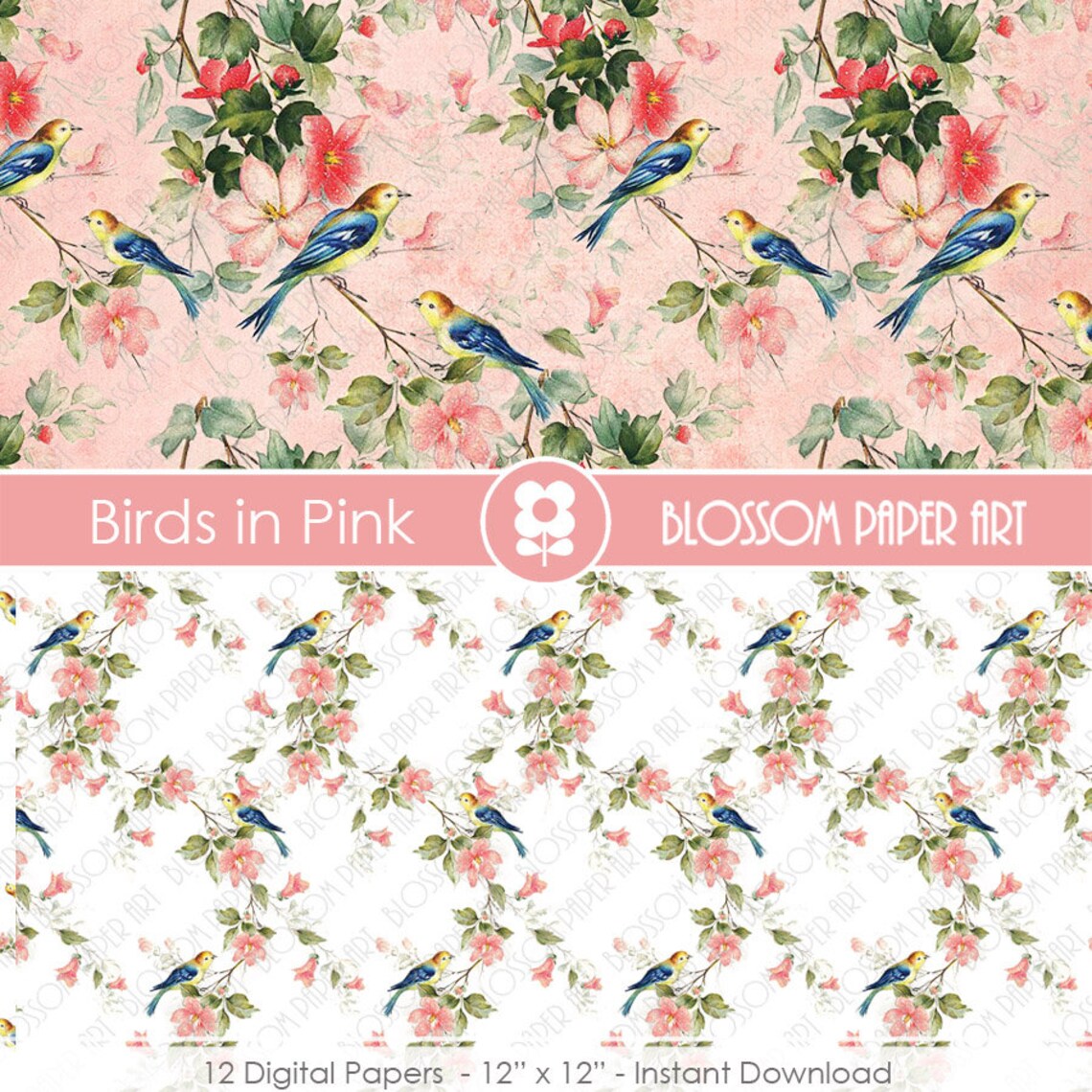 Digital Paper Birds Digital Paper Pink Scrapbook Paper Pack - Etsy