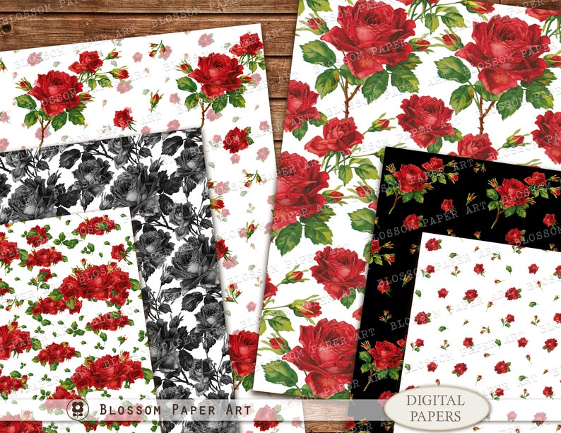 Black and Red Digital Paper Roses Scrapbook Papers Floral - Etsy