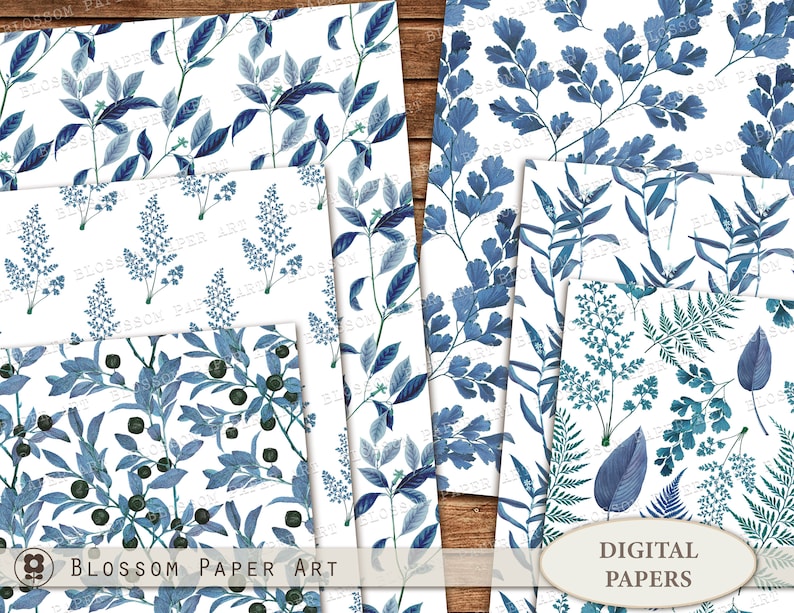 Leaves Digital Paper Blue Leaves Scrapbook Nature - Etsy Canada