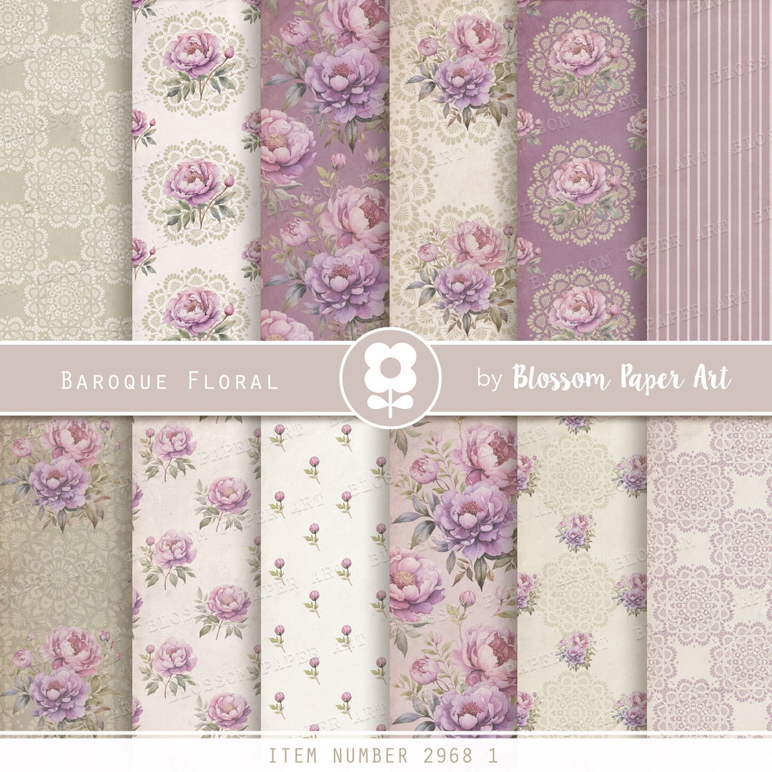 Vintage Purple Floral Digital Paper Pack: Shabby Chic Scrapbook ...