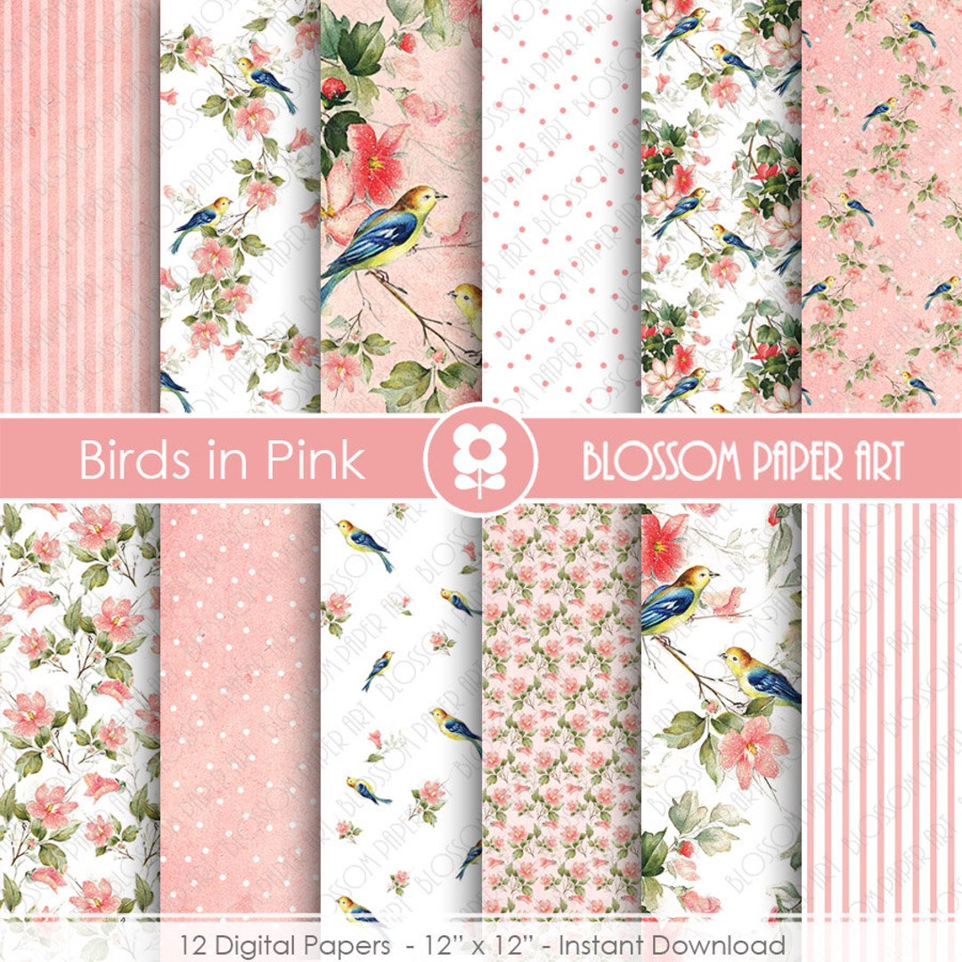Pink Birds Digital Paper Pack, Scrapbook Paper (instant Download ...