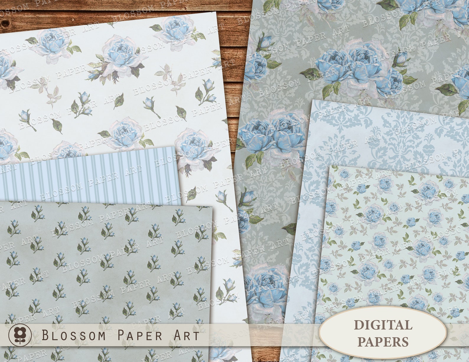 Blue Floral Digital Paper Shabby Roses Digital Prints Pale - Etsy