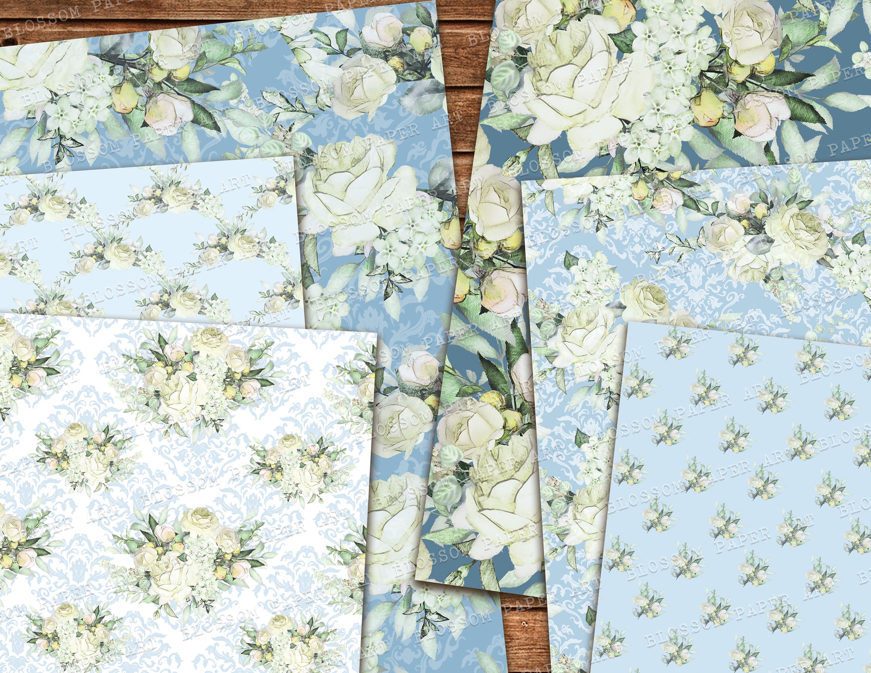 Blue Scrapbook Paper Rose Digital Paper Pack Floral Collage | Etsy