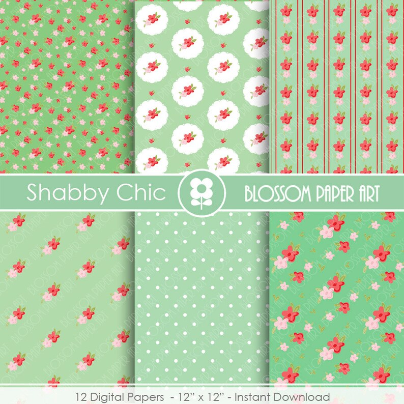Digital Paper Red Green Flowers Digital Paper Pack | Etsy
