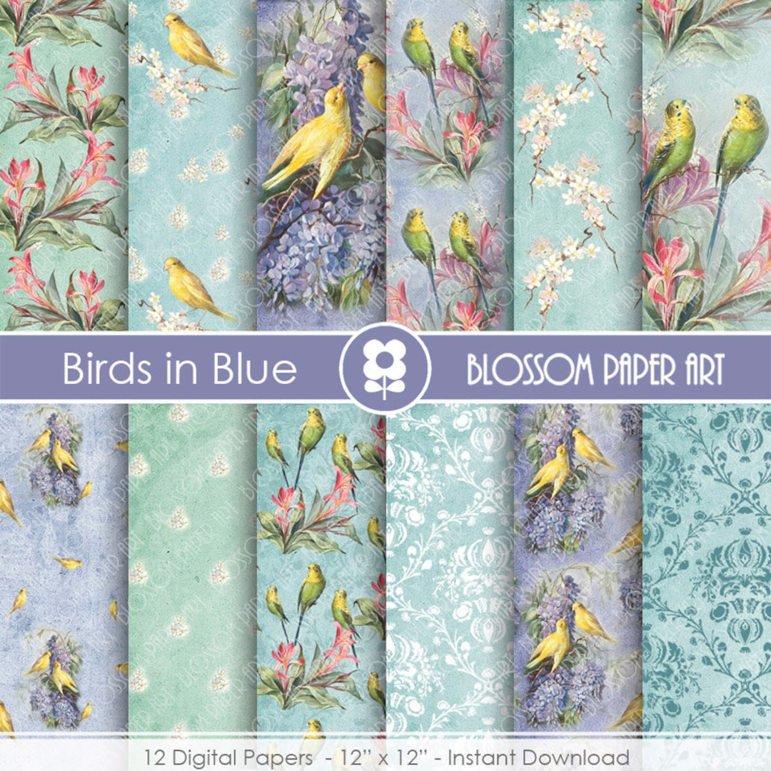 Vintage Digital Paper Blue, Birds Digital Paper Pack, Vintage Birds ...
