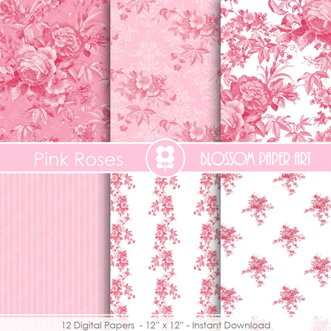 Pink Rose Digital Paper Floral Digital Paper Pack Pink - Etsy Canada