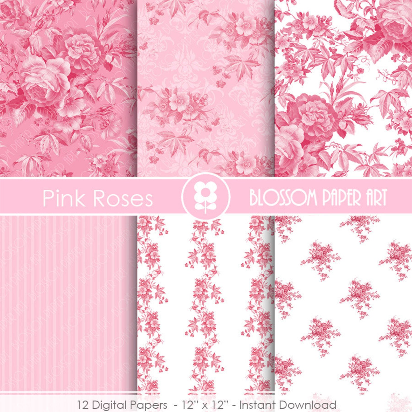 Pink Rose Digital Paper Floral Digital Paper Pack Pink - Etsy Canada