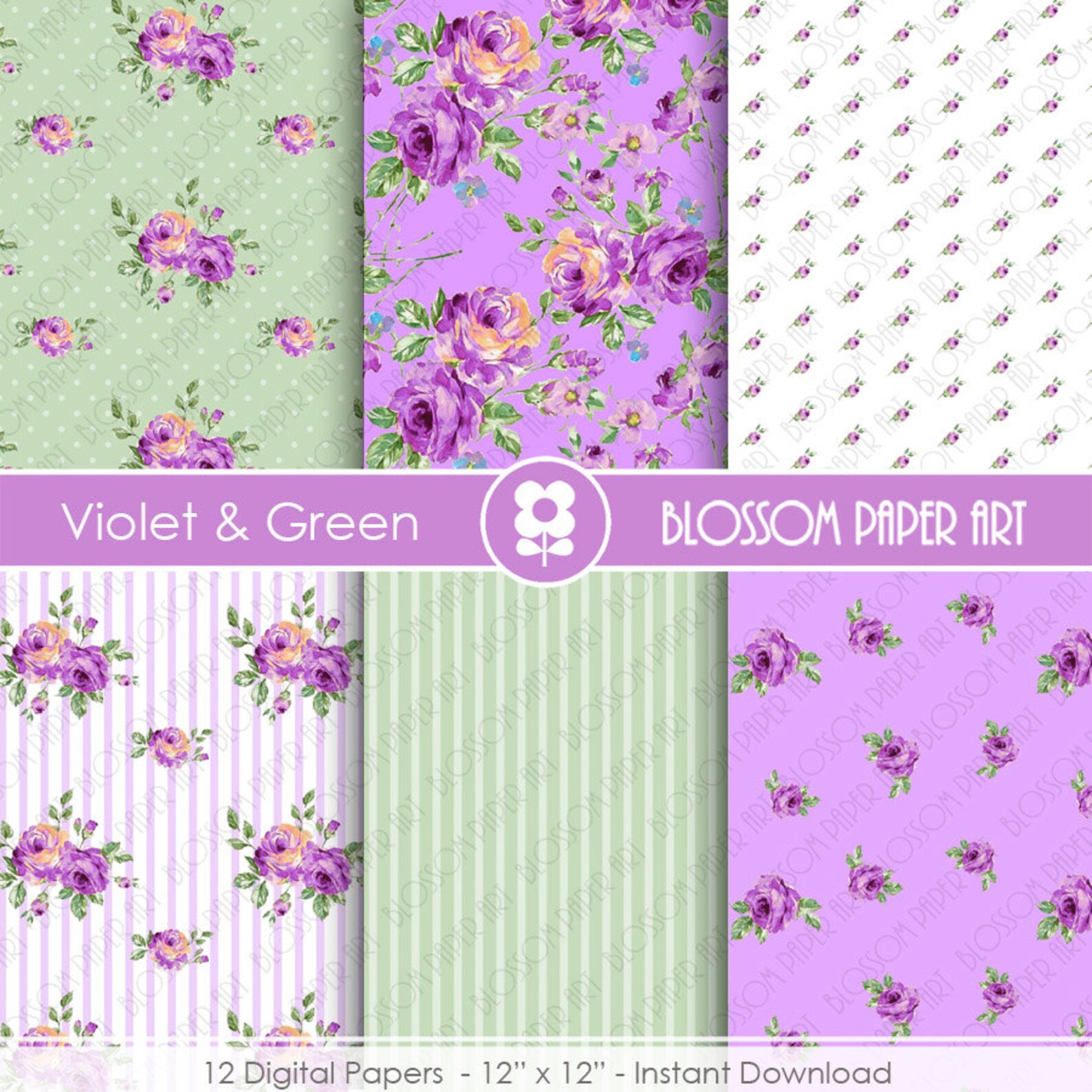 Violet Floral Papers Rose Digital Paper Pack Violet Green - Etsy