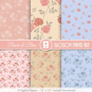 Peach and Blue Floral Digital Paper Rose Digital Paper Pack - Etsy