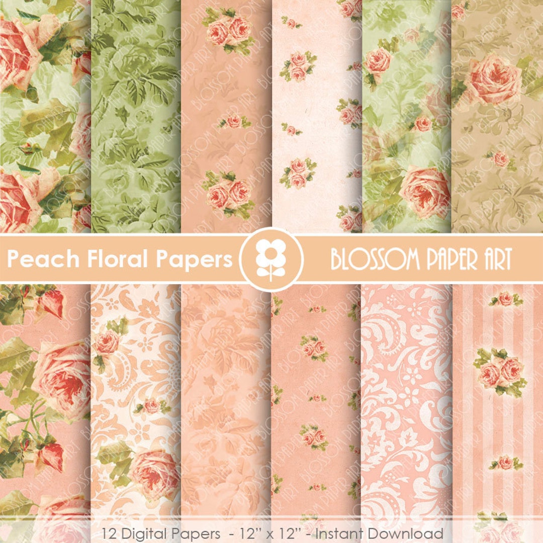 Floral Digital Paper, Peach Digital Paper Pack, Wedding, Scrapbooking ...