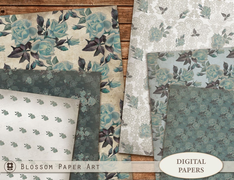 Teal Digital Papers FLORAL Digital Papers Vintage Scrapbook - Etsy