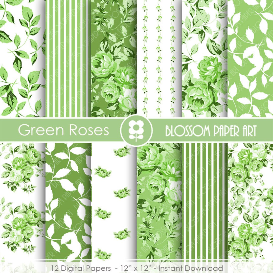 Green Digital Paper Green Digital Paper Pack, Green Roses, Floral ...