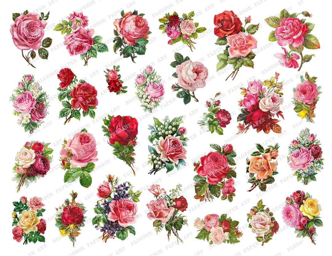 Vintage Roses Digital Collage Sheet, Printable Roses, Vintage Floral ...