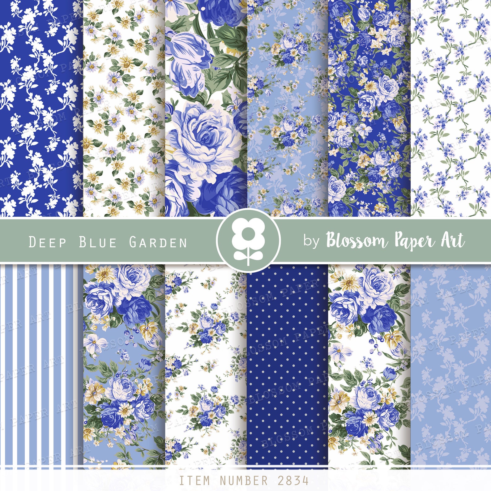 Blue Digital Papers Floral Digital Paper Pack Rose Digital - Etsy