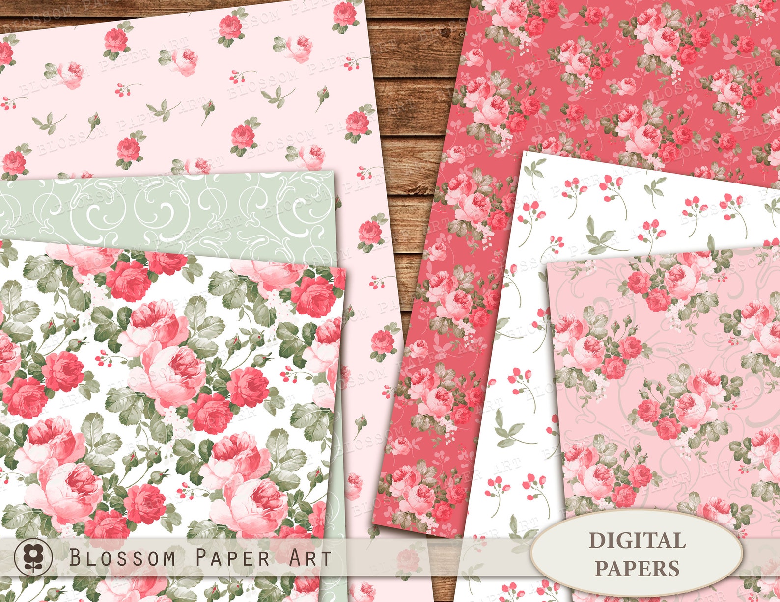 Scrapbook Paper Floral Digital Paper Pink Roses Coral - Etsy
