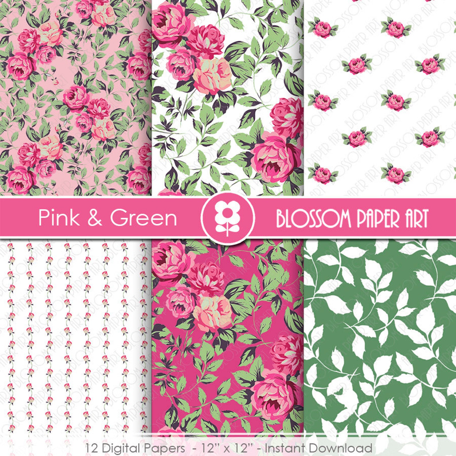 Rose Digital Paper Floral Digital Paper Pack Pink Garden - Etsy