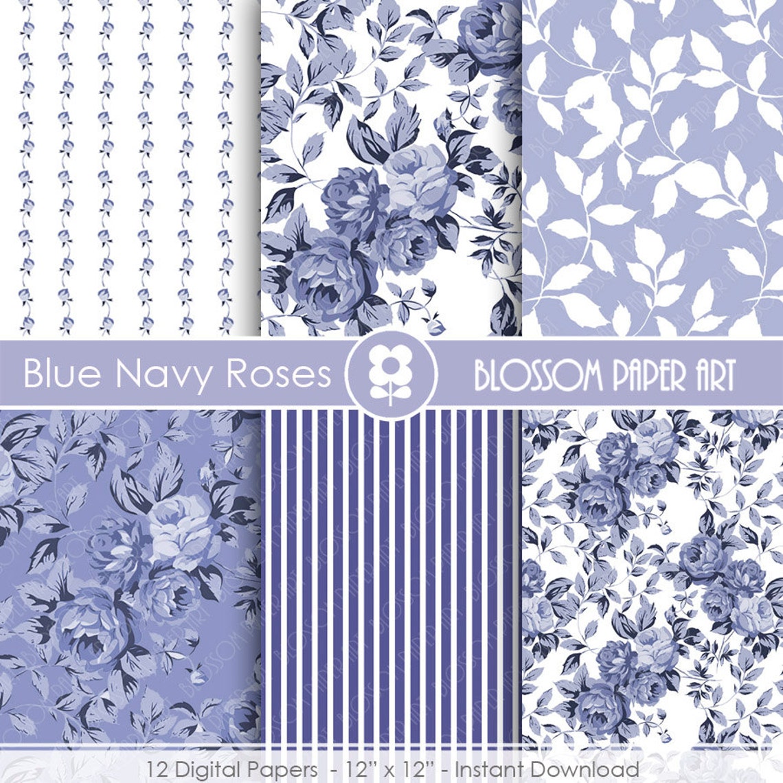 Blue Digital Paper Blue Navy Digital Paper Pack Blue Roses - Etsy