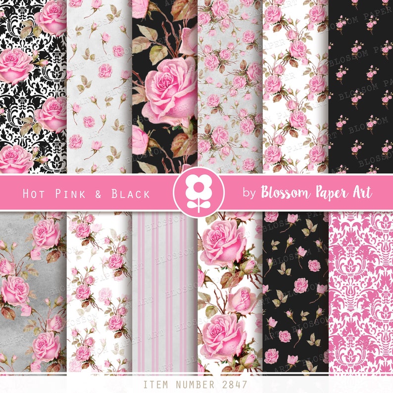Hot Pink and Black Digital Paper Shabby Chic Scrapbook Paper - Etsy