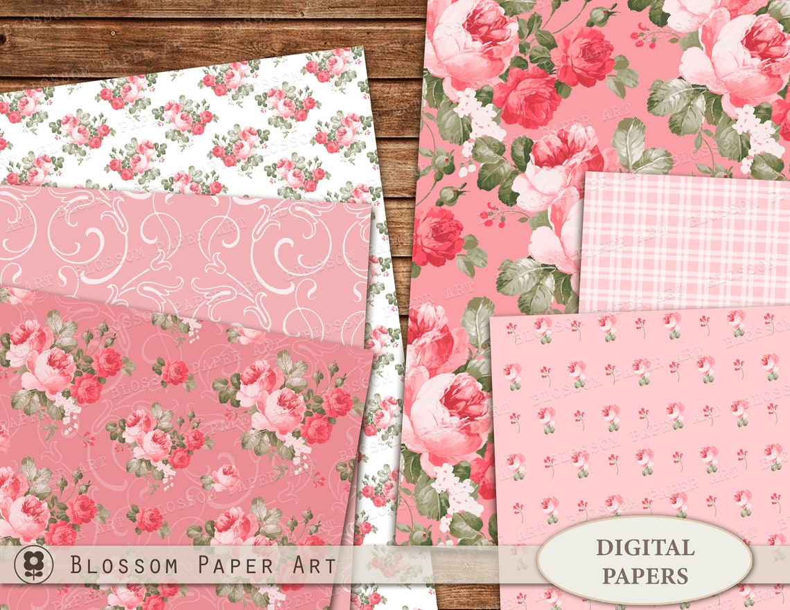 Scrapbook Paper Floral Digital Paper Pink Roses Coral | Etsy