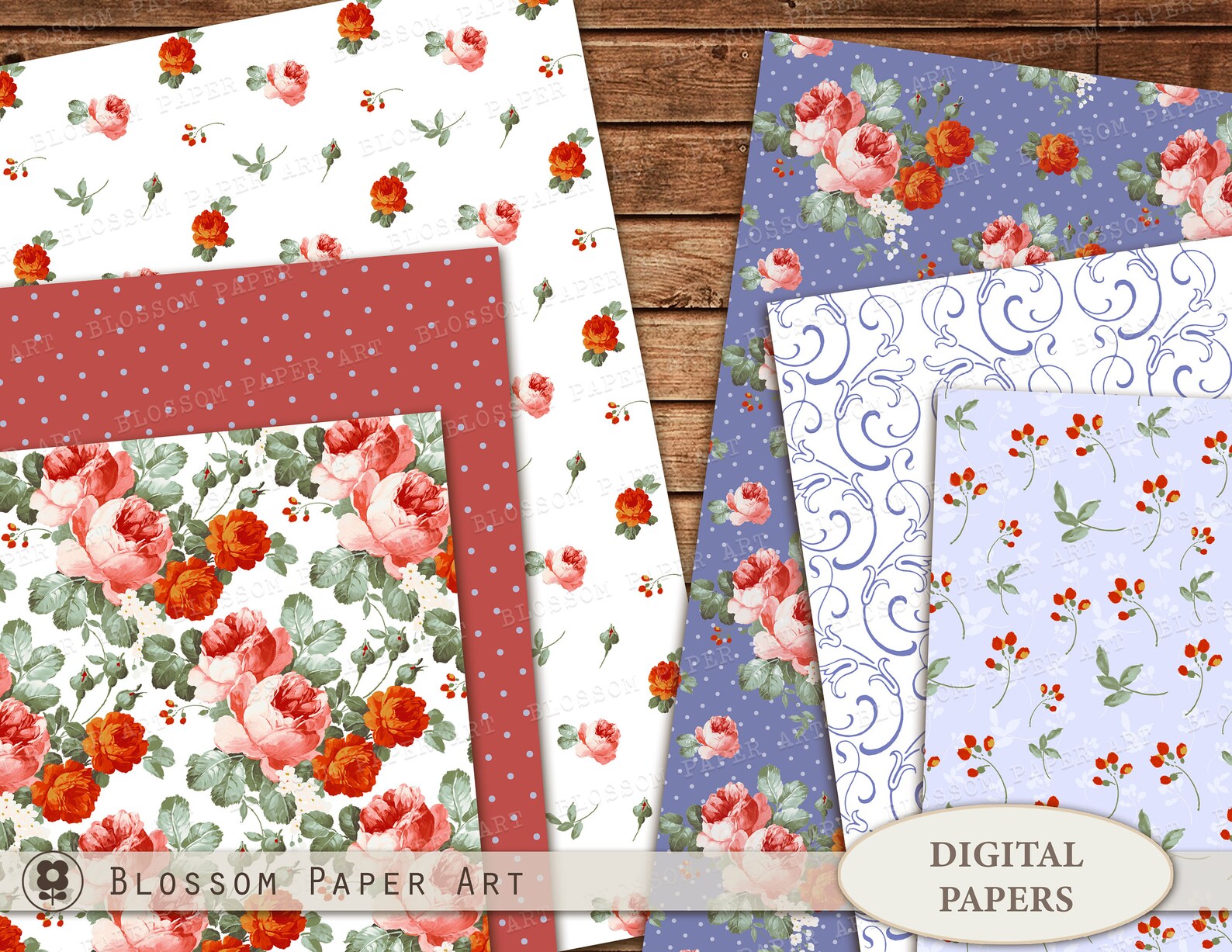Blue Digital Paper Scrapbook Paper Floral Digital Papers - Etsy
