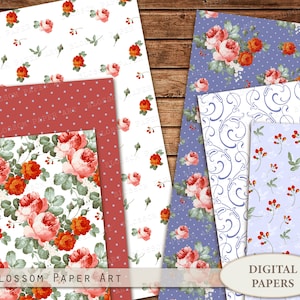 Blue Digital Paper, Scrapbook Paper, Floral Digital Papers ...