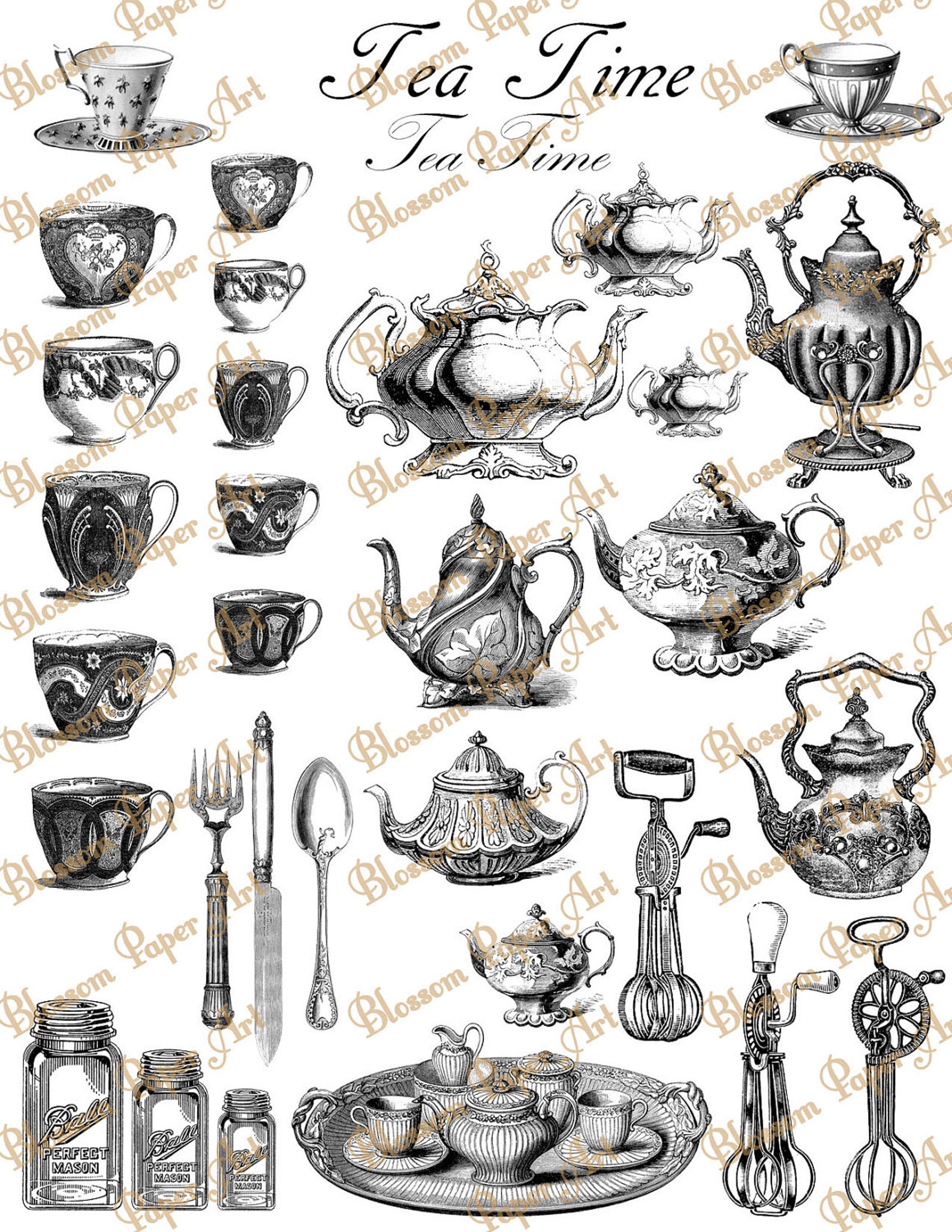 Tea Time Digital Collage Sheet Scrapbooking Paper | Etsy