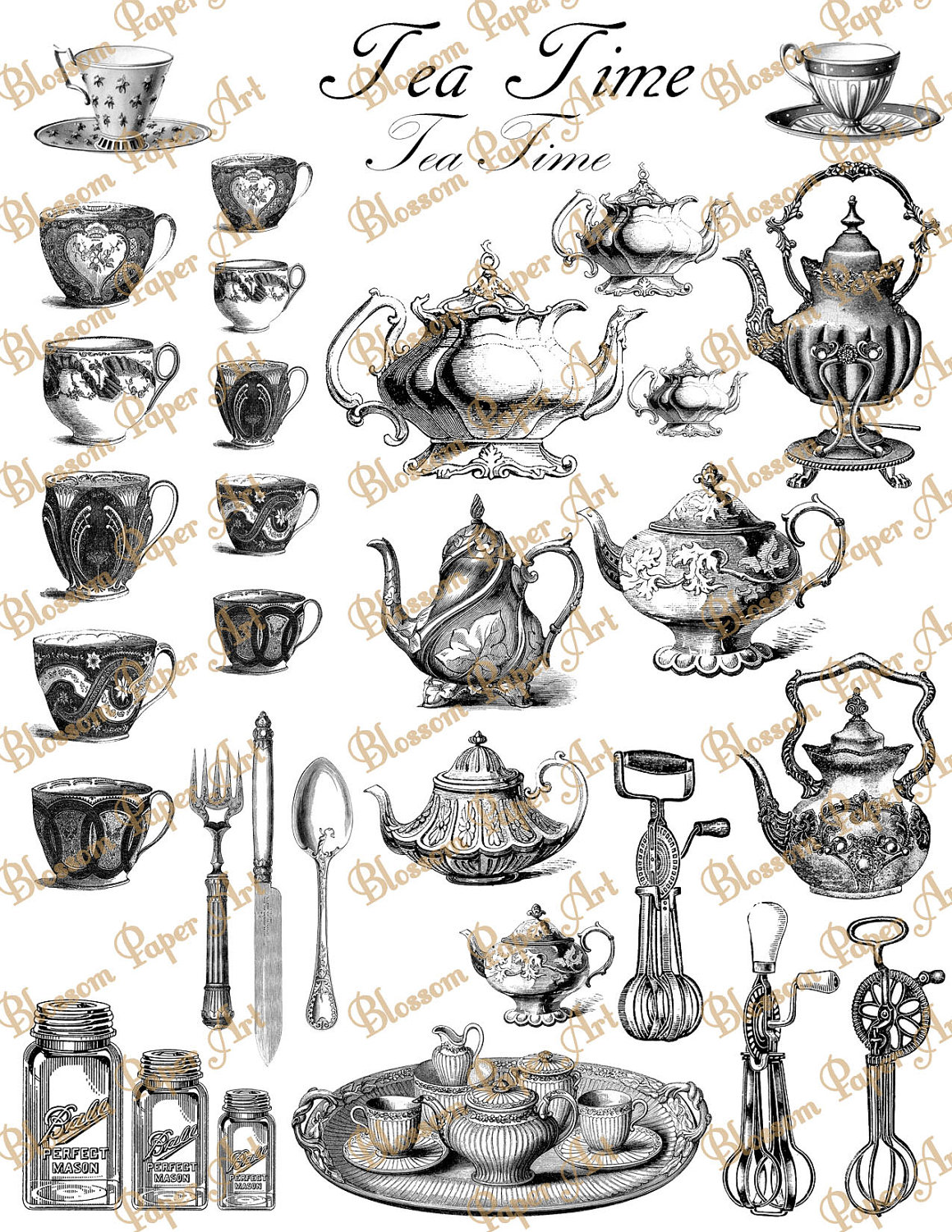 Tea Time Digital Collage Sheet Scrapbooking Paper | Etsy