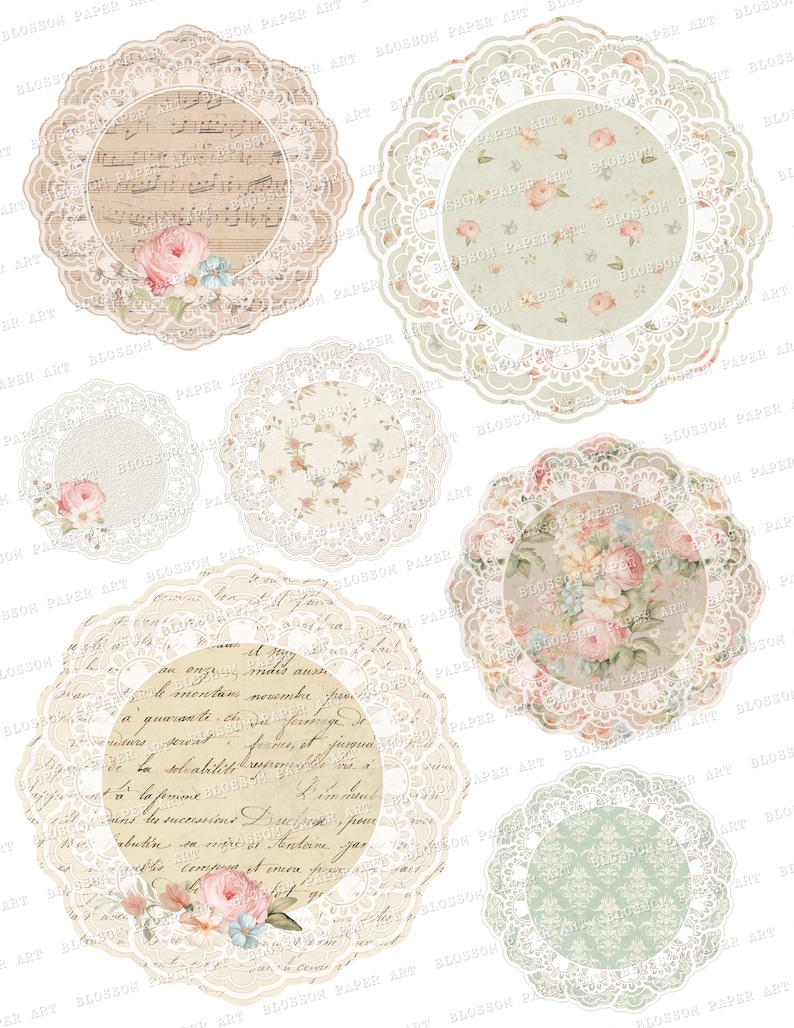 Floral Doily Digital Paper: Rose Collage Sheet (digital Download ...