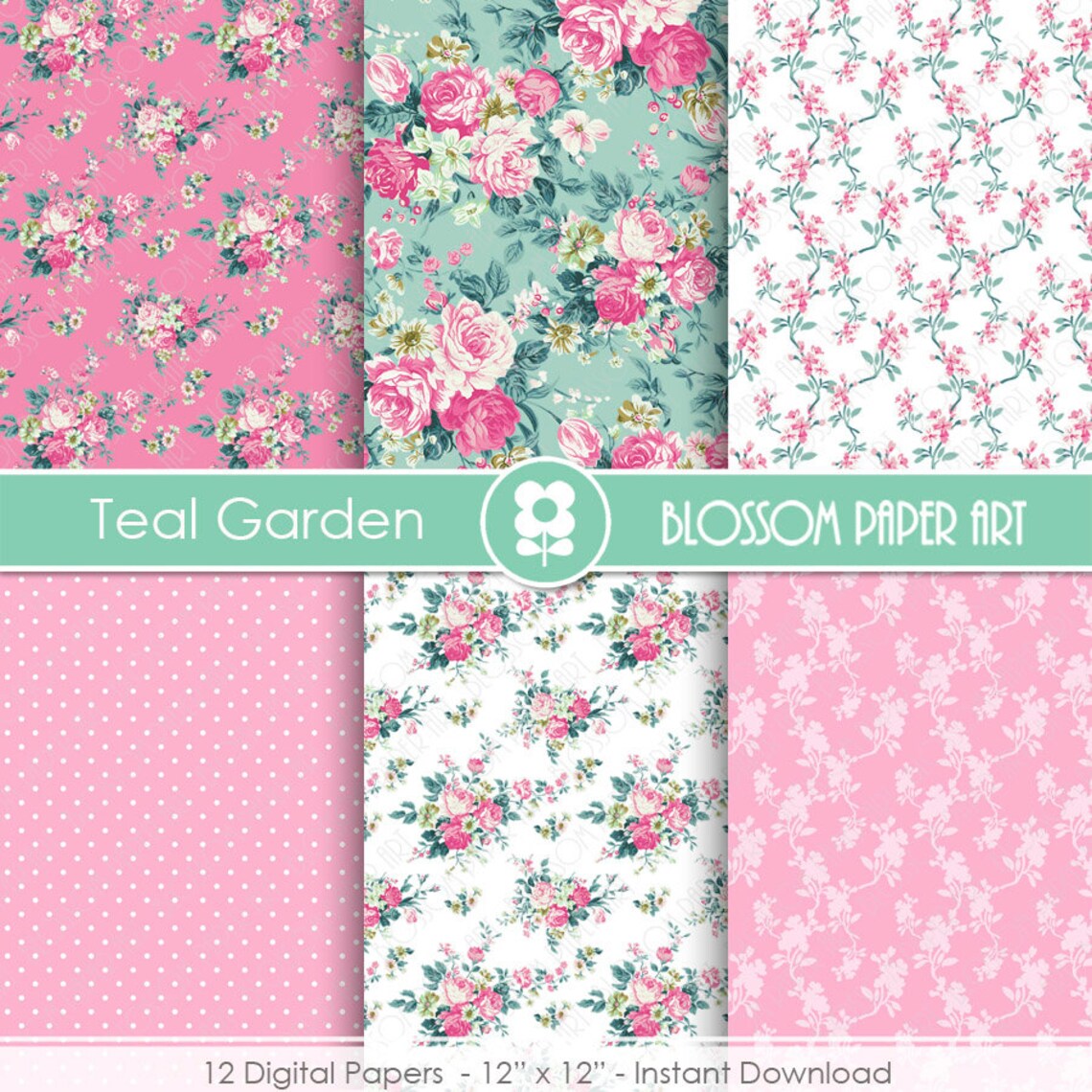Teal & Pink Floral Digital Paper Pack: Scrapbooking, Decoupage (digital ...