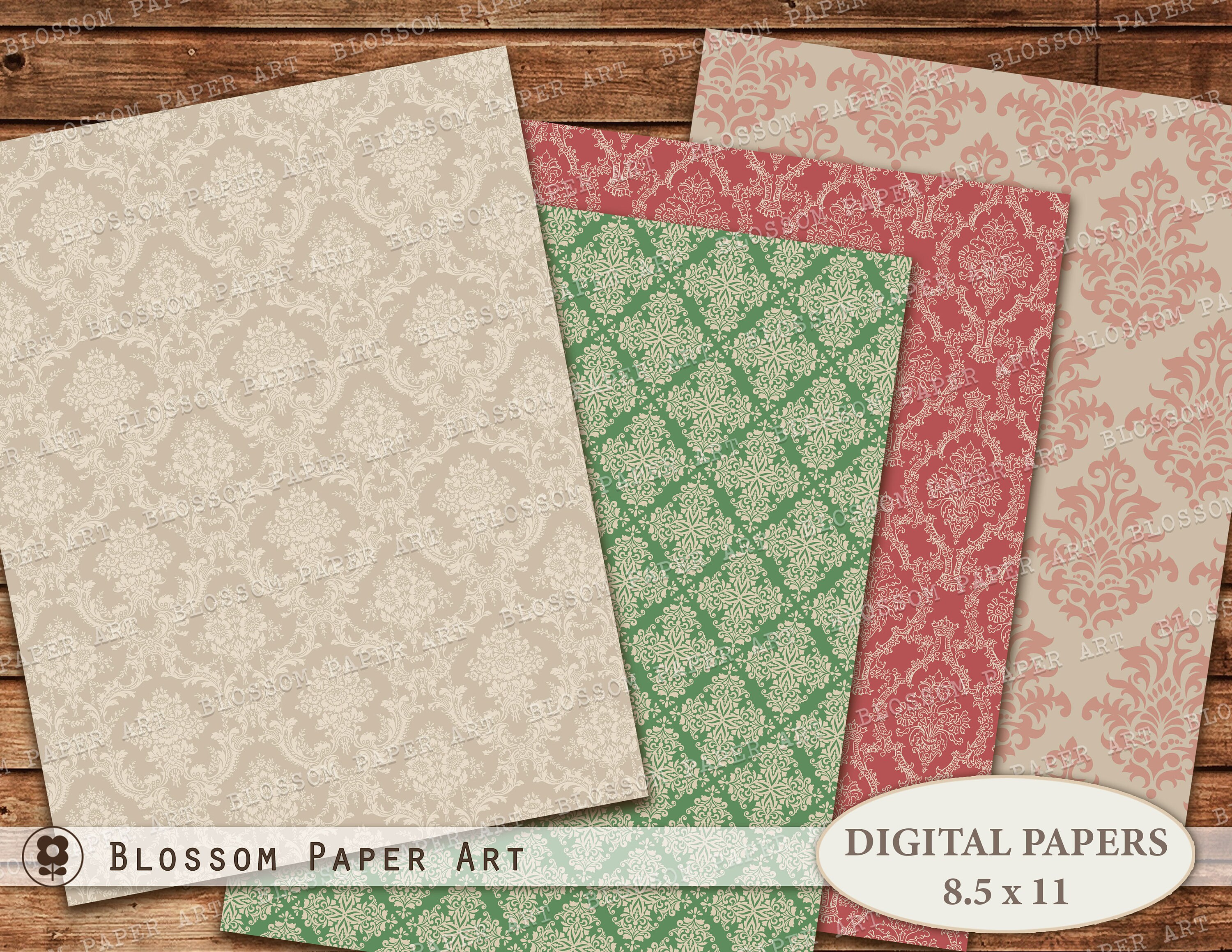 Christmas Digital Paper 8x11 Damask Scrapbook Paper | Etsy
