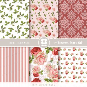 Red Roses Digital Paper, Floral Scrapbook, Rose Paper Pack ...