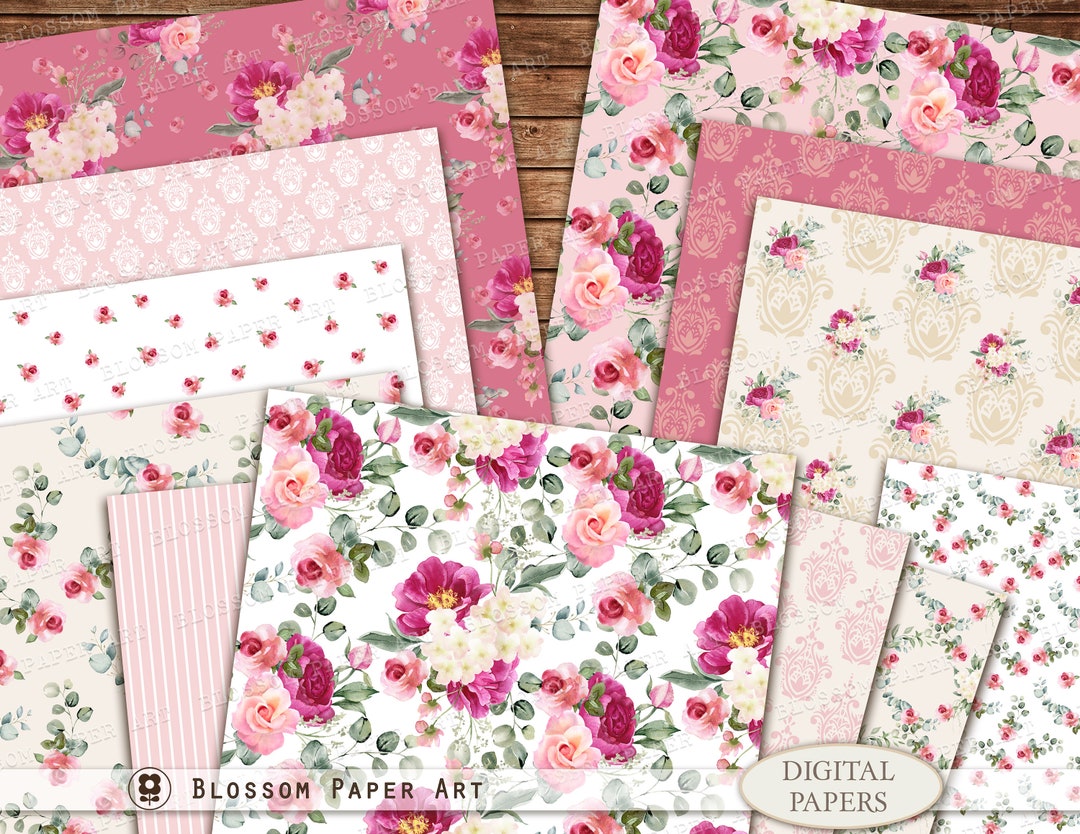 Pink Floral Digital Paper, Pink Digital Paper for Scrapbooking ...