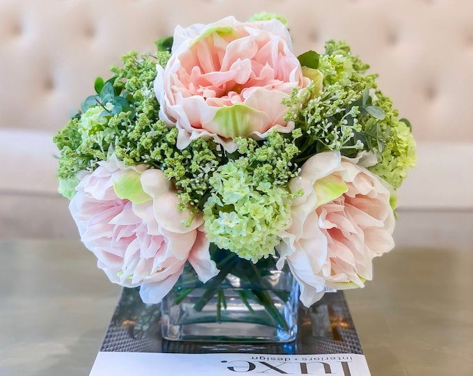 Large Real Touch Peony Arrangement, Pink Peony With Greens Centerpiece ... Large Real Touch Peony Arrangement, Pink Peony With Greens Centerpiece ...