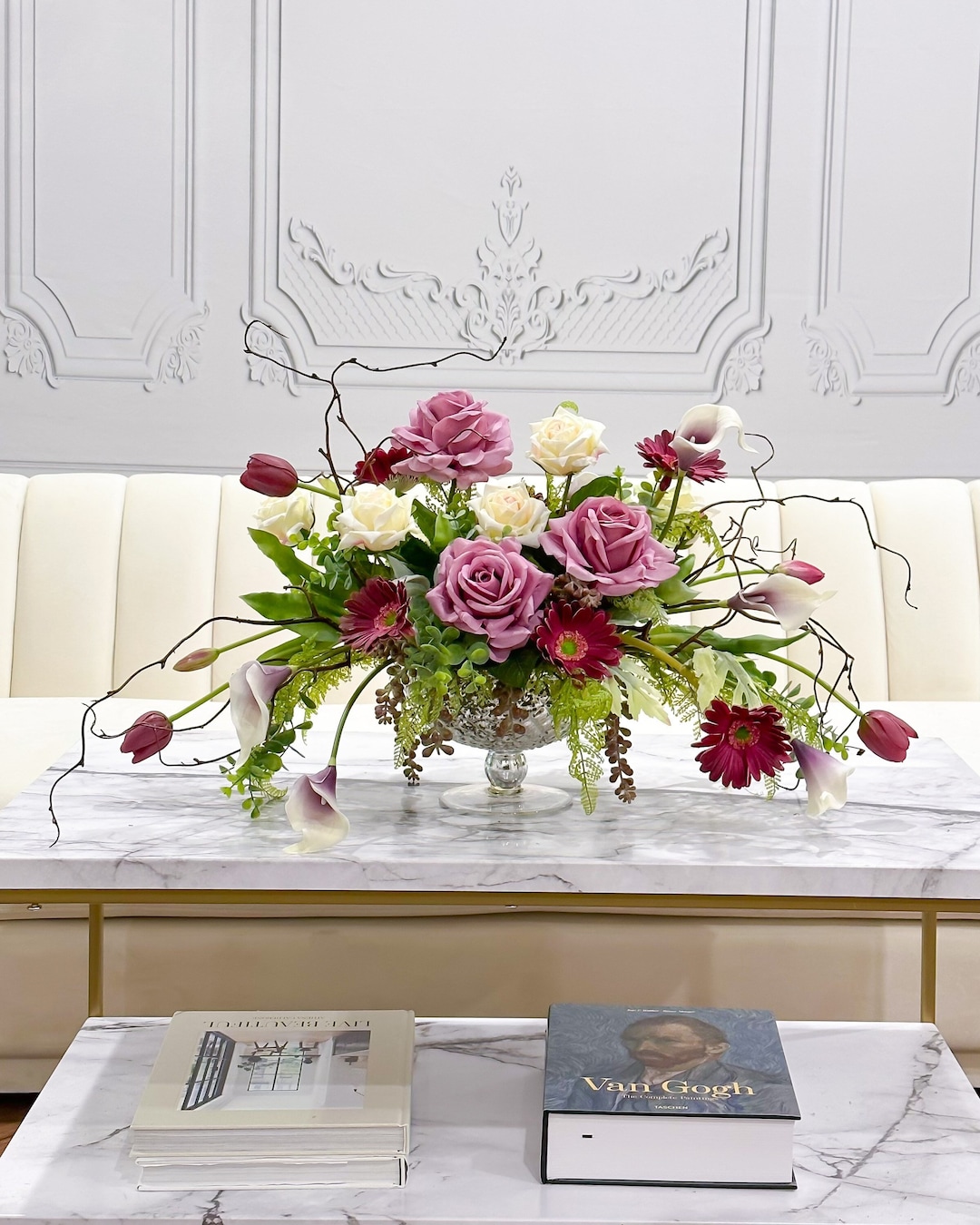 French Style Purple Rose Floral Centerpiece: Real Touch Flowers in Vase ...
