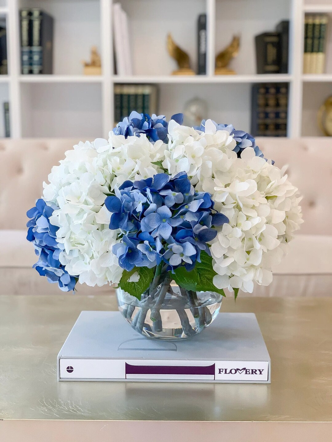 17" Large Real Touch White Blue French Hydrangea Arrangement, Modern ...