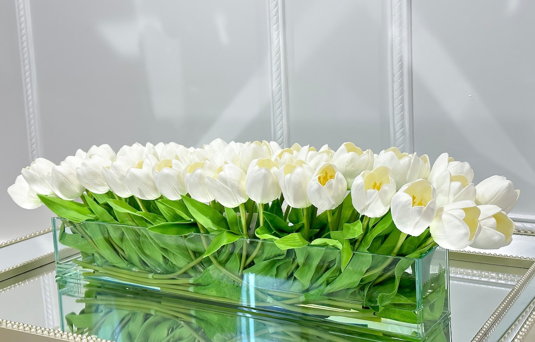 Real Touch White Tulip Arrangement: Luxury Floral Centerpiece in Glass ...