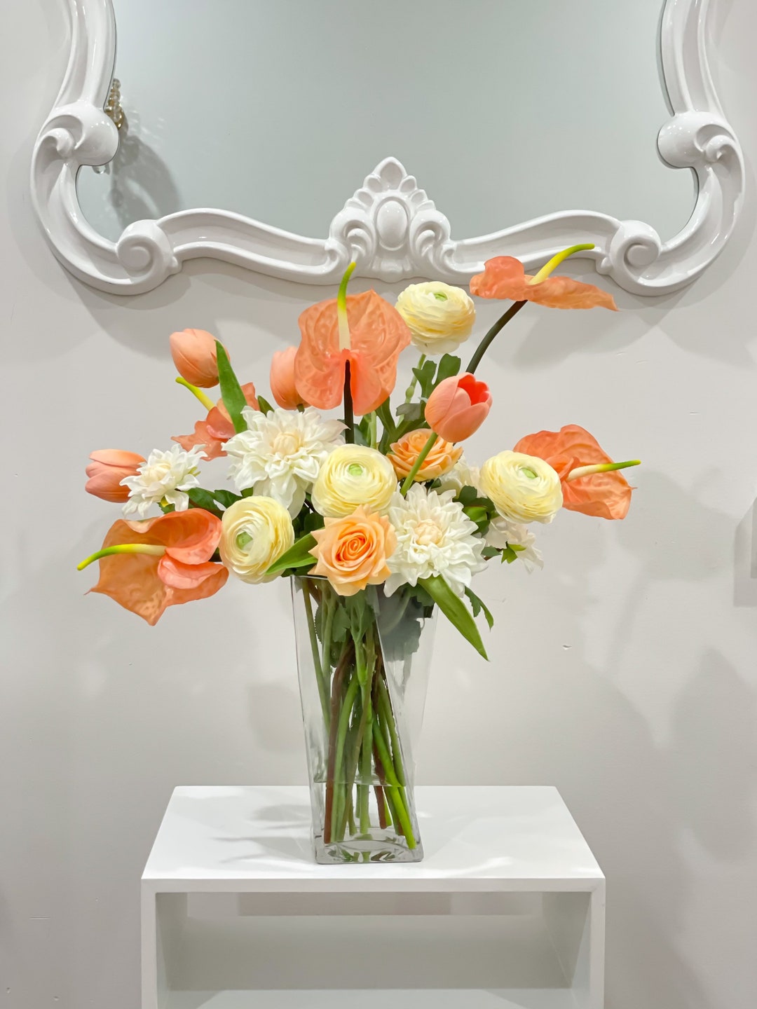 Coral Anthurium Flower Arrangement: French Country Floral Centerpiece ...