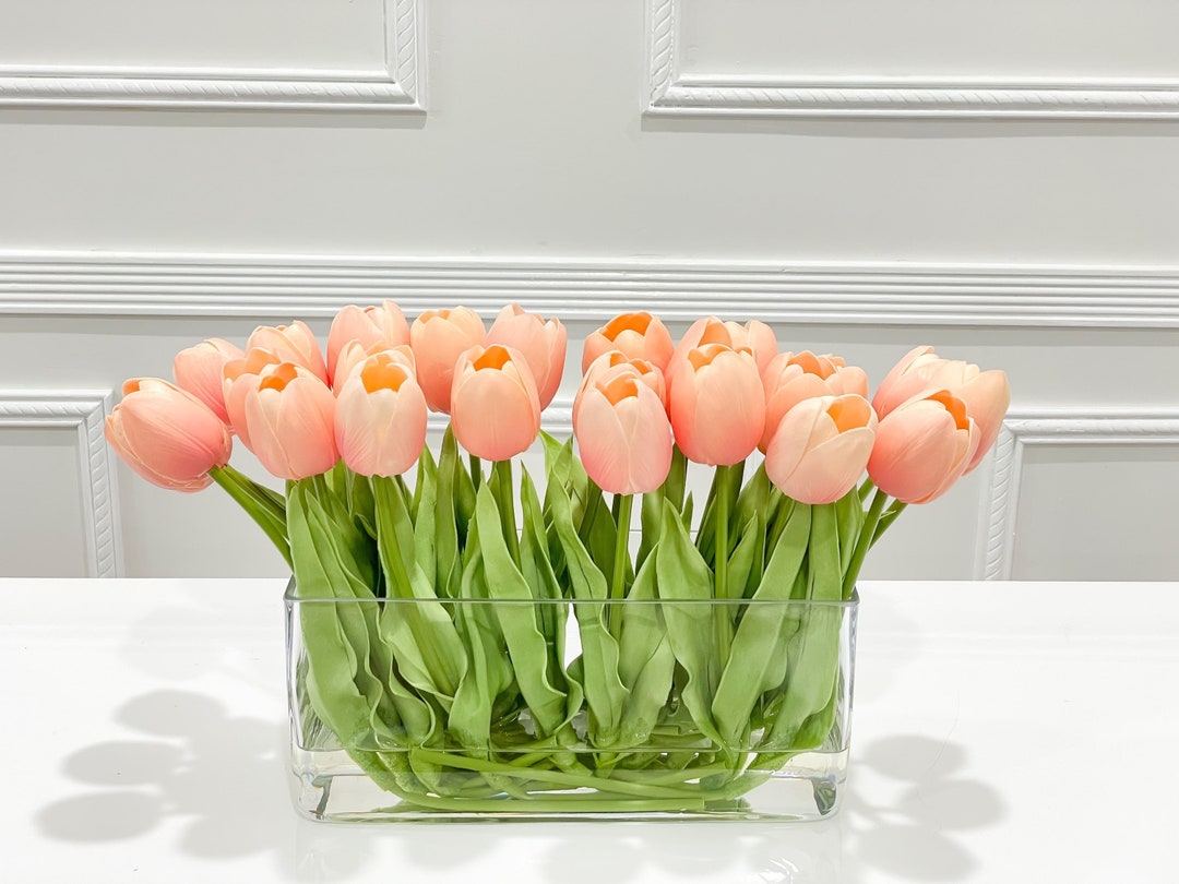 Modern Long Pink Peach Real Touch Tulips Arrangements -artificial Faux ...