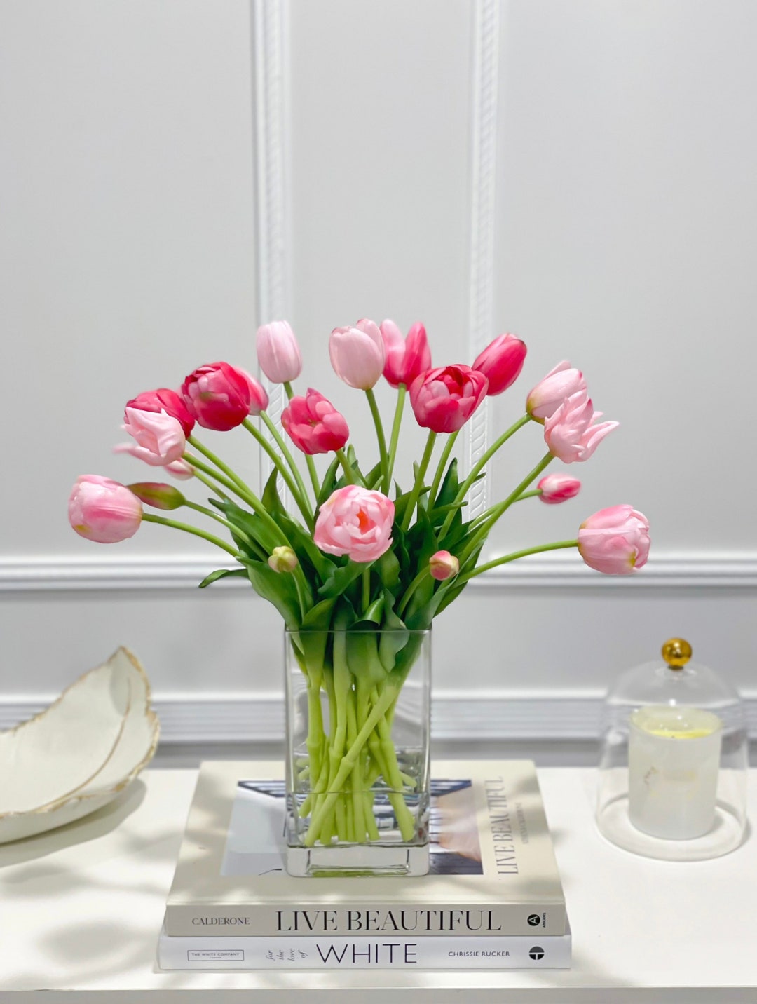 Pink Peony Tulip Arrangement, Spring Tulips in Glass Vase, Mother’s Day ...