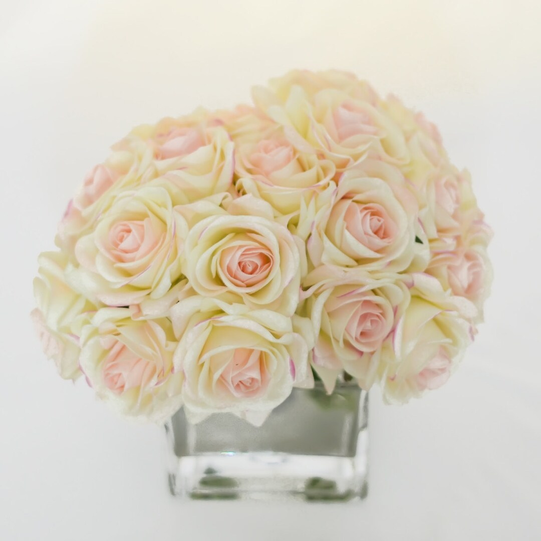Real Touch Ivory Roses Pink Tipped Arrangement Using Artificial Faux ...